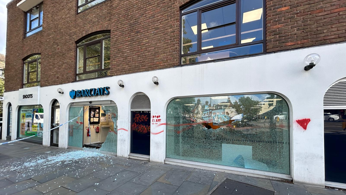 Pro-Palestine vandals smash Barclays branches and spray Hamas symbol ...