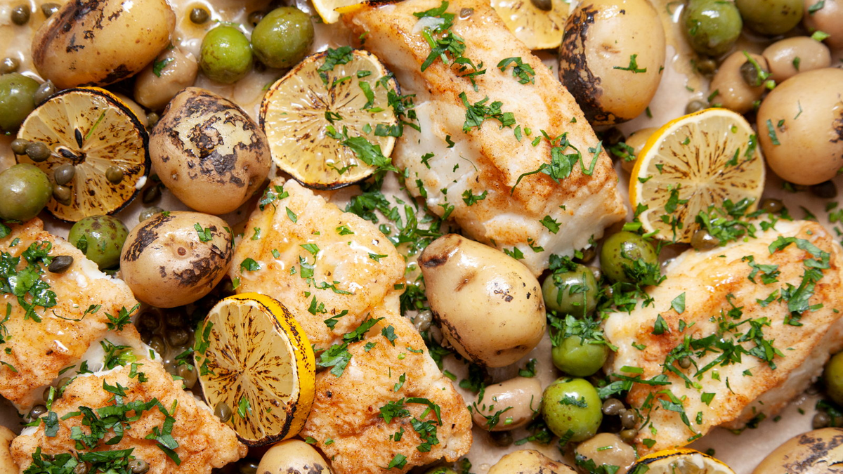 Recipe: Greek-style cod with lemons, olives and new potatoes - The ...