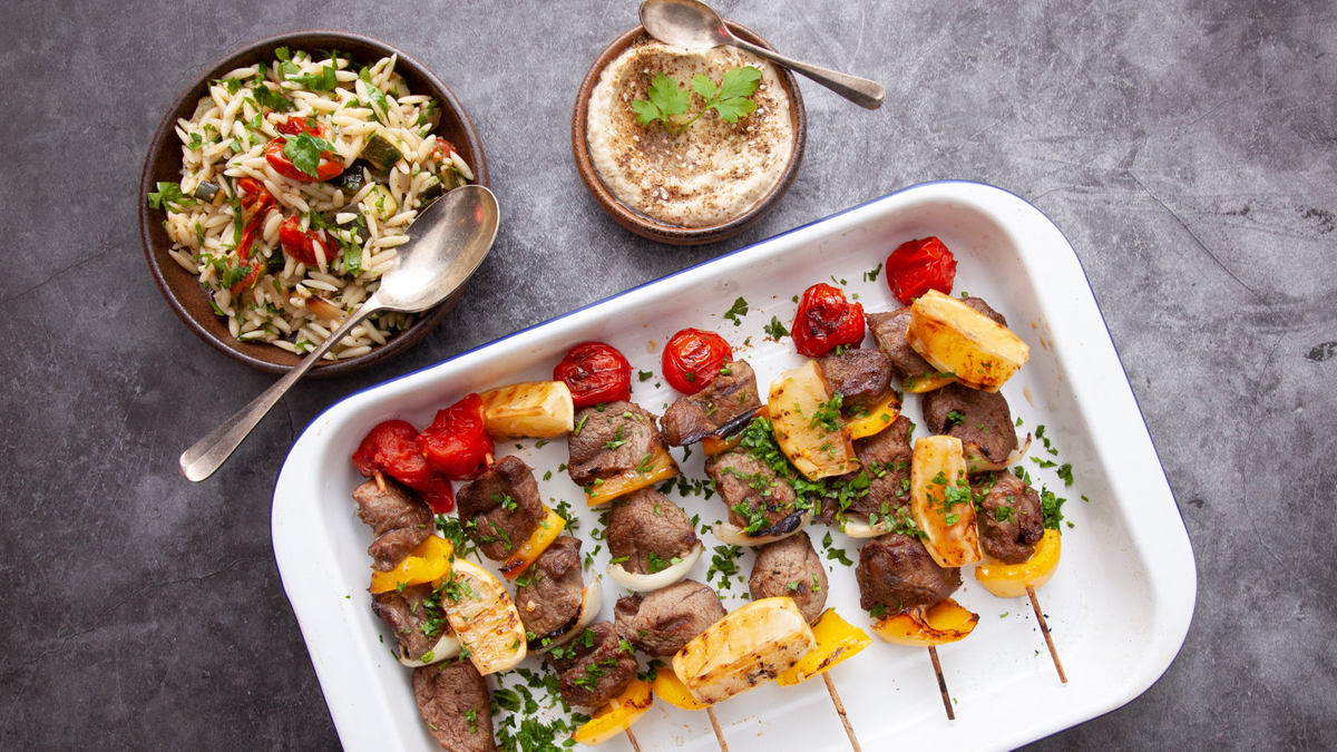 Lamb kebabs with roasted vegetable orzo salad - The Jewish Chronicle ...